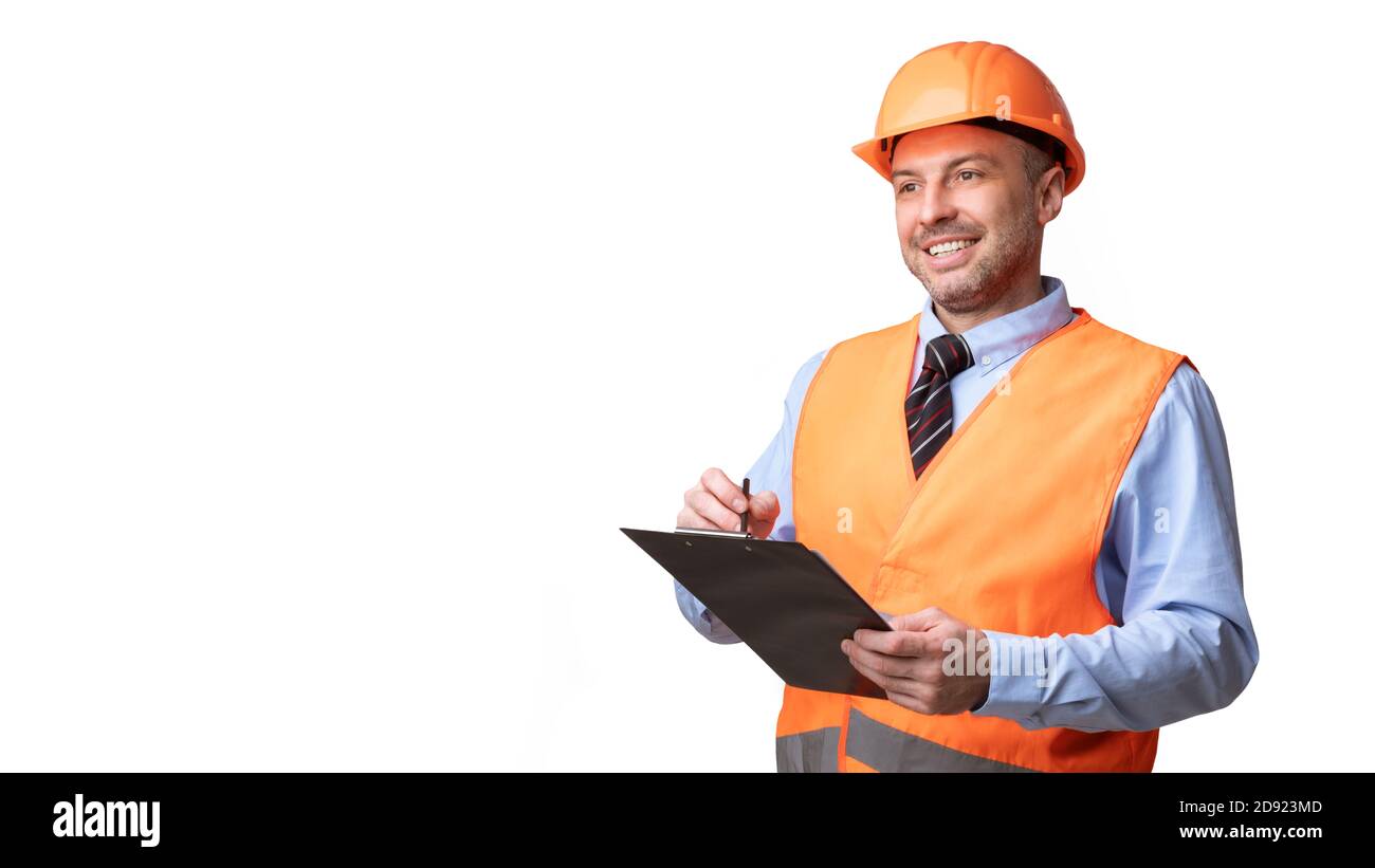 Builder Holding Folder Taking Notes Looking Aside Over White Background ...