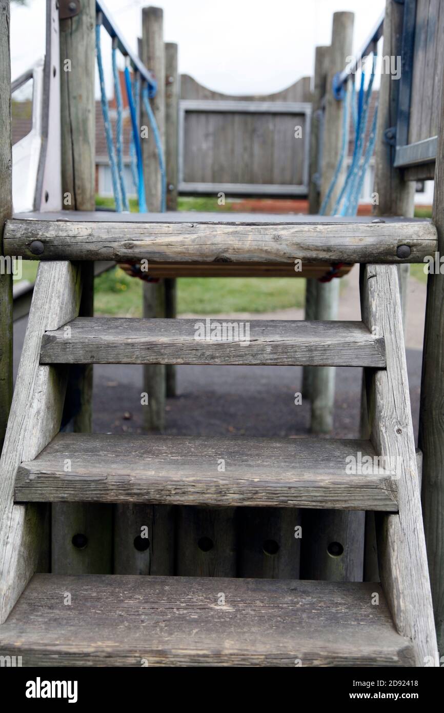 Steps up to a climbing area in an empty children's playground Stock ...