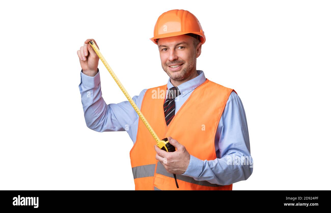 Builder Worker Holding Measuring Tape Tool Posing Over White Background ...