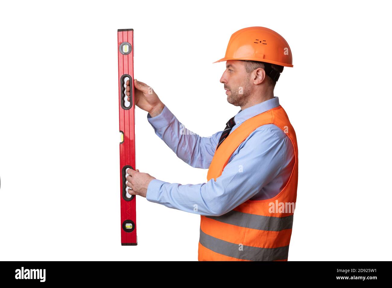 Builder Holding Building Level Working Standing Over White Background ...