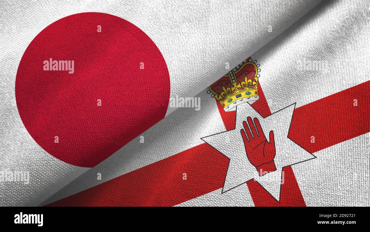 Japan and Northern Ireland two flags textile cloth, fabric texture ...