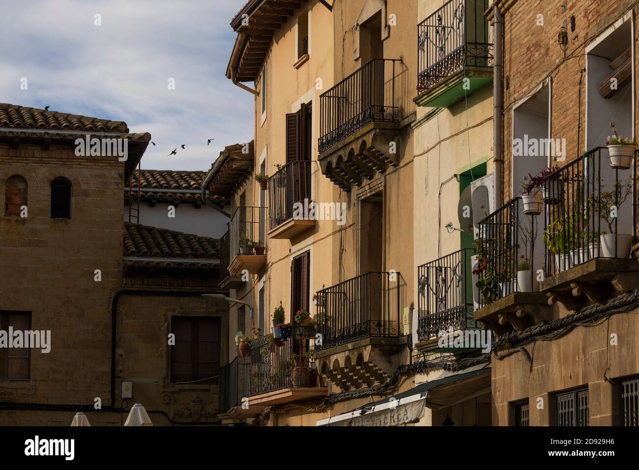 Ayerbe, Spain - October 15, 2020: Picturesque balconies, facades and ...