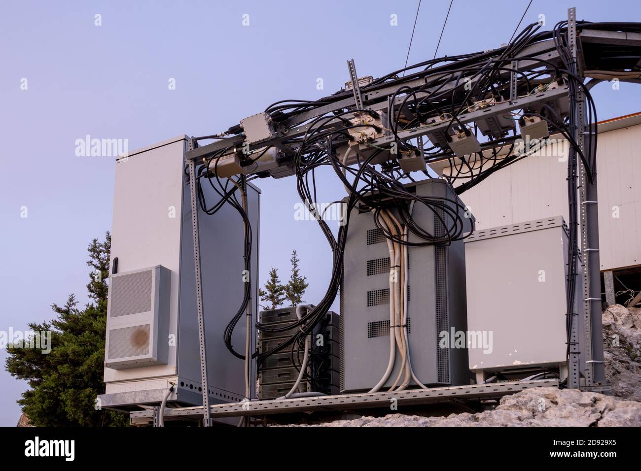 Mobile phone base station located on the mountain above the Aegean Sea ...