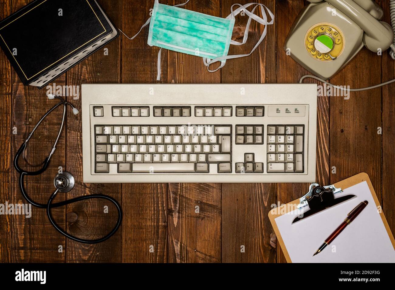 old retro top view of doctor desktop with computer and telephone Stock ...