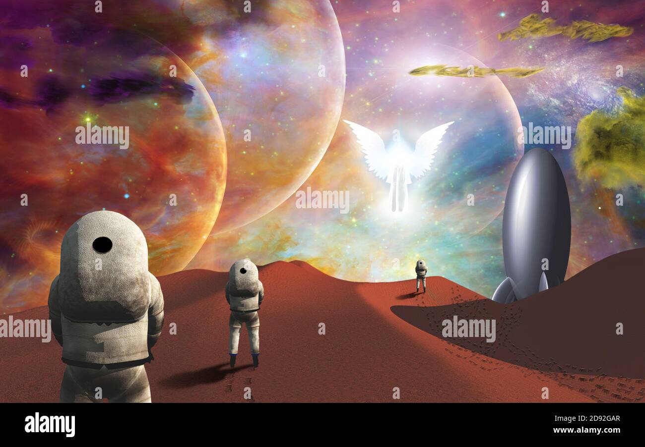 Astronauts on alien planet and their rocket ship greeted by angelic ...