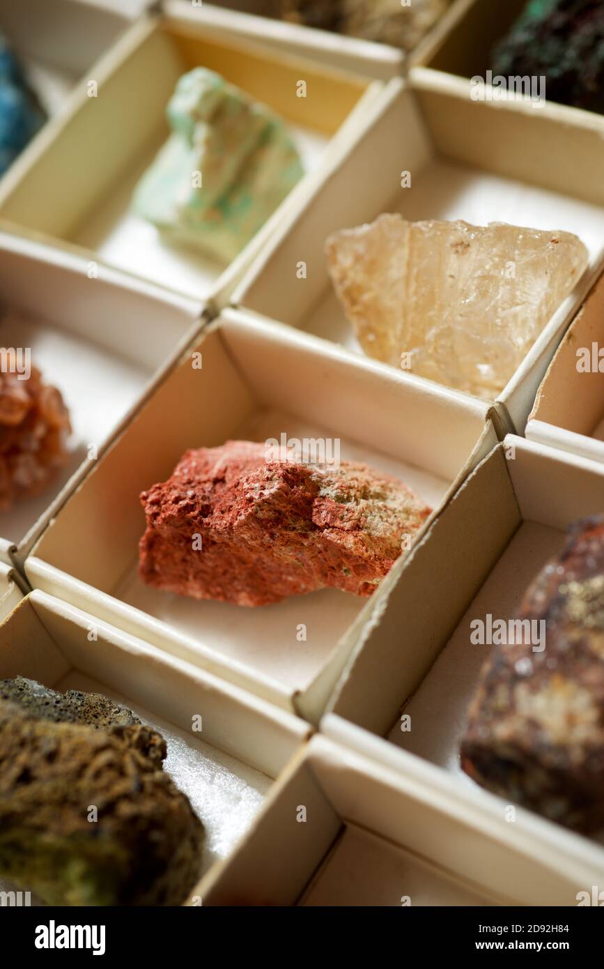 Collection of minerals in cardboard boxes Stock Photo - Alamy