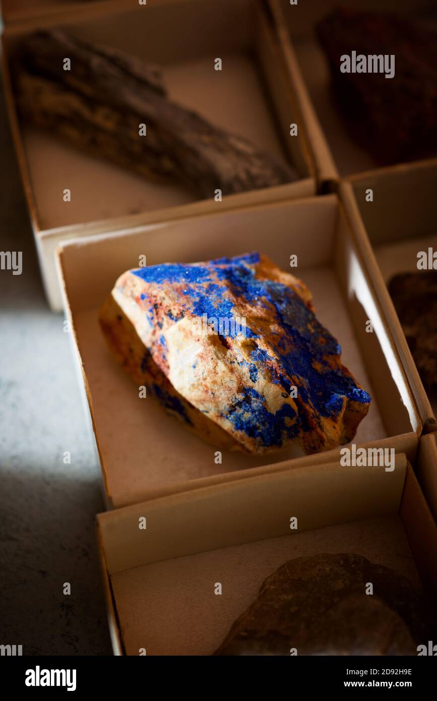 Collection of minerals in cardboard boxes Stock Photo - Alamy