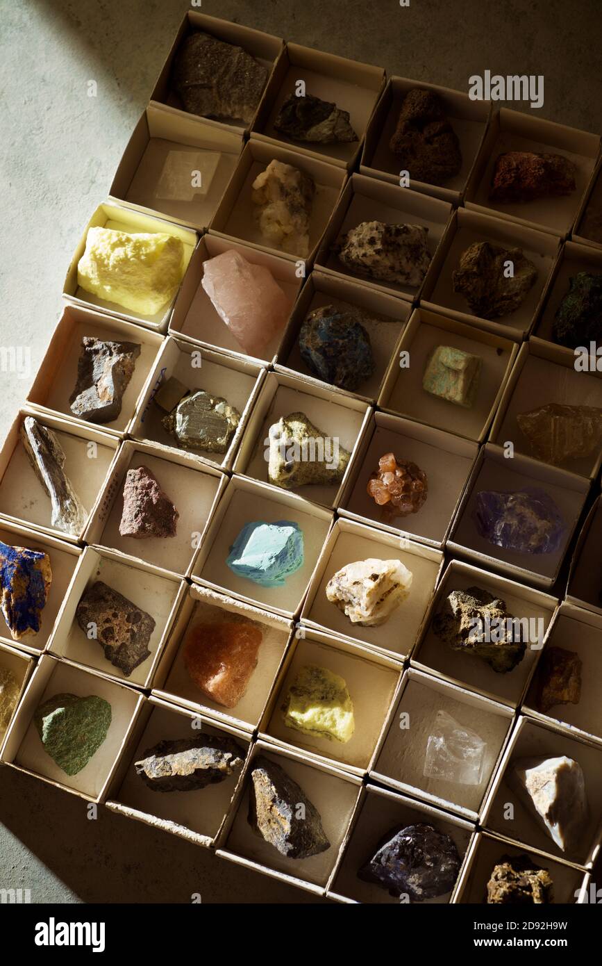 Collection of minerals in cardboard boxes Stock Photo - Alamy