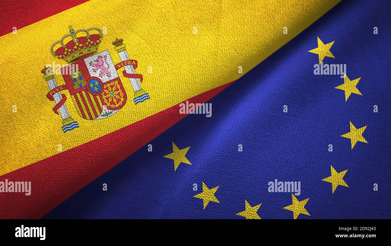 Spain and European Union two flags textile cloth, fabric texture Stock ...