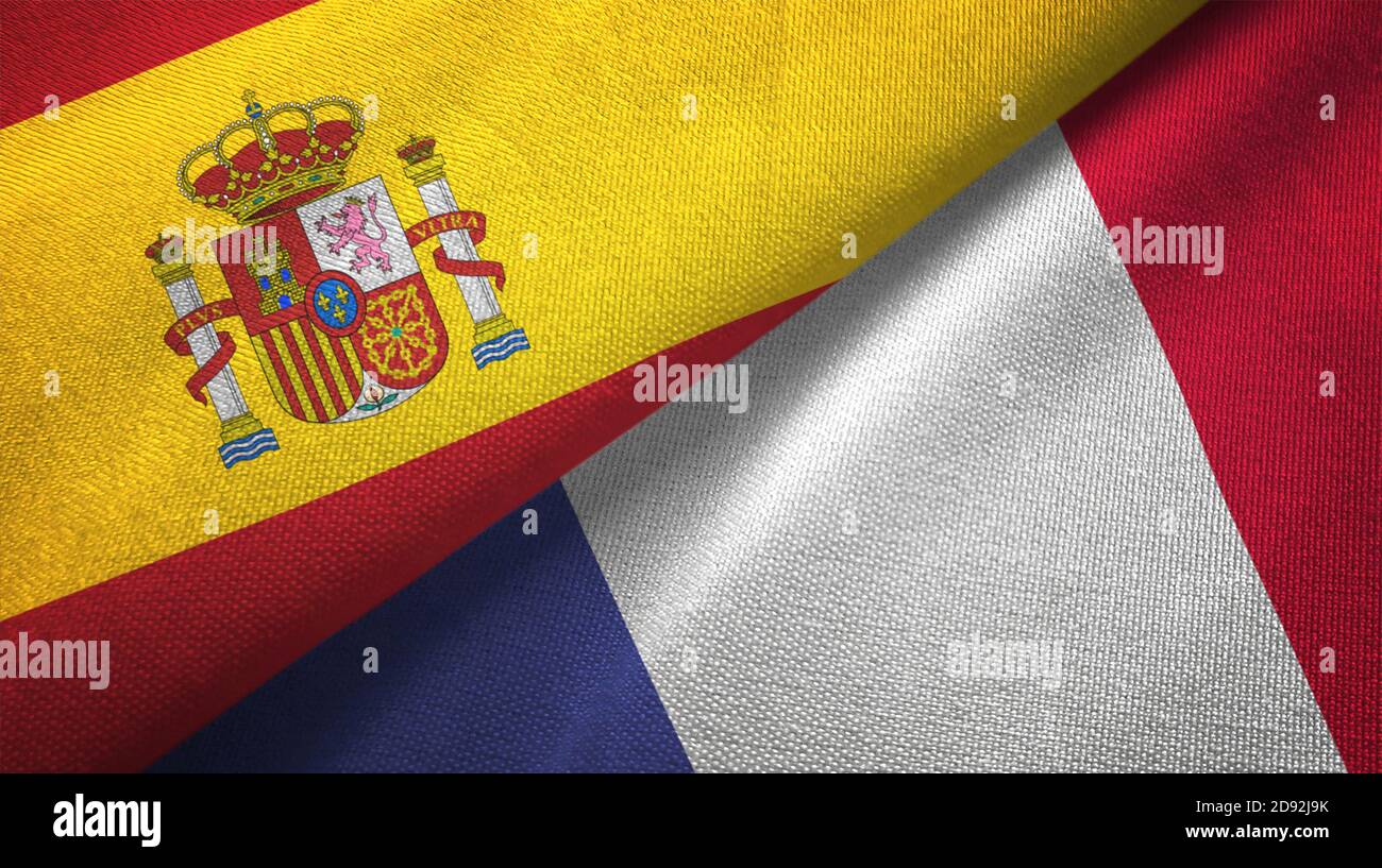Spain and France two flags textile cloth, fabric texture Stock Photo ...