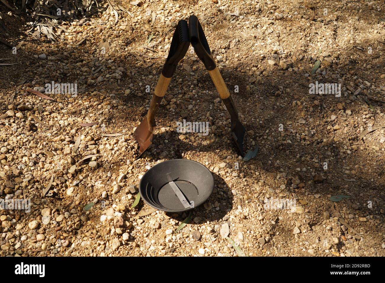 Gold and gem prospecting equipment on rich river gravel of Reedy creek ...