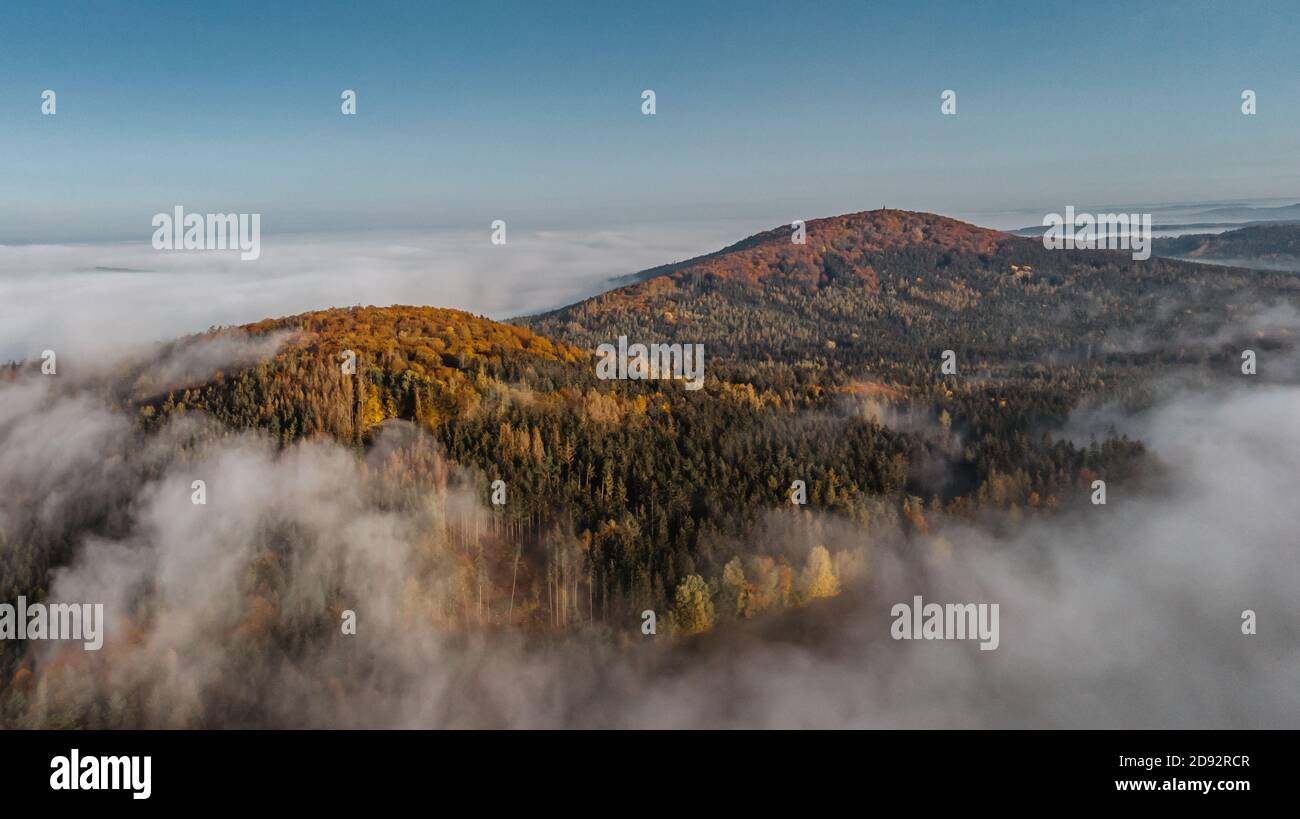 Aerial view of morning foggy landscape. Fall autumn peaceful scenery ...