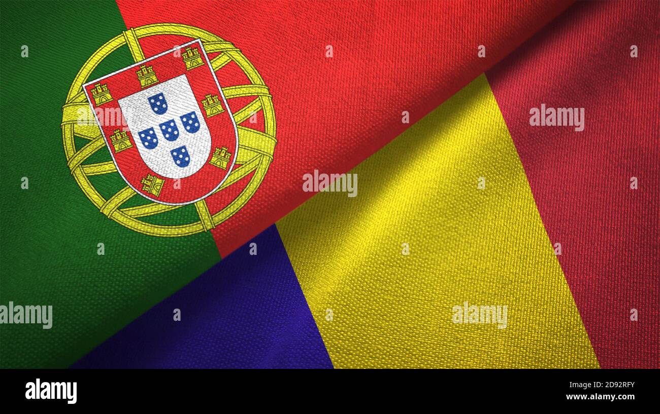 Portugal and Romania two flags textile cloth, fabric texture Stock ...