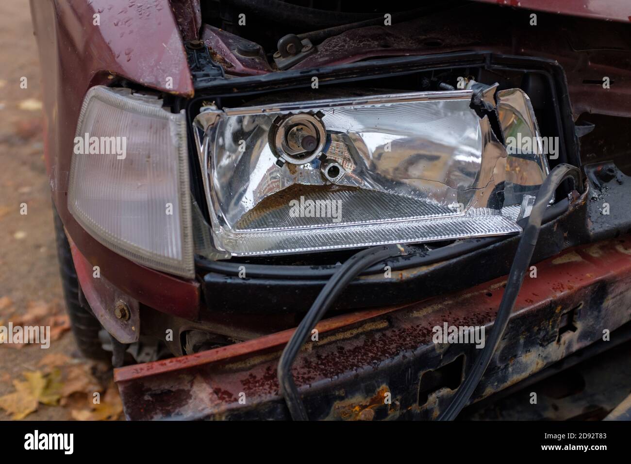 broken car headlight close up. transport after the accident Stock Photo ...