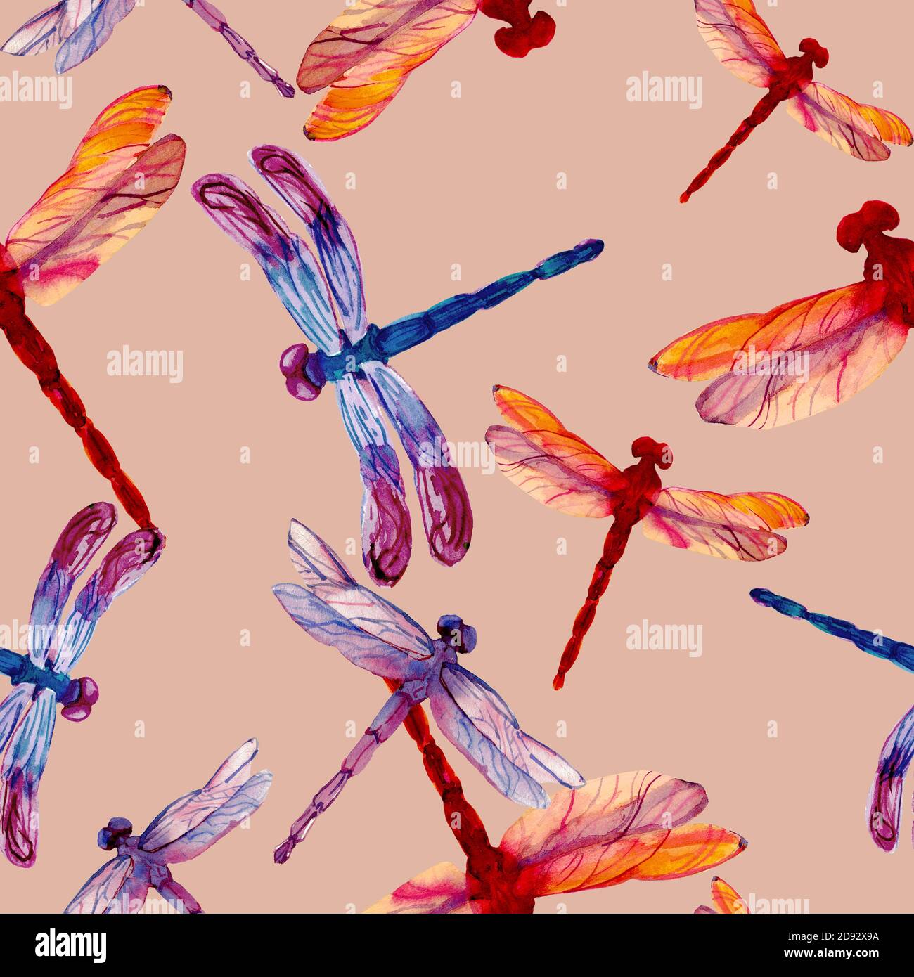 Watercolor illustration different color dragonflies in seamless pattern ...