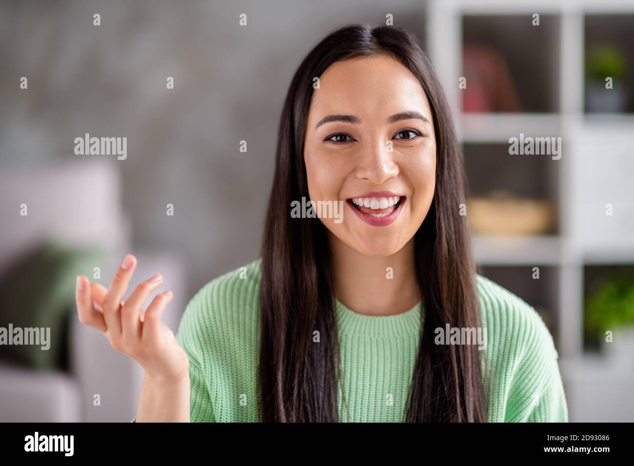 Close up photo of positive cheerful korean girl blogger have online ...
