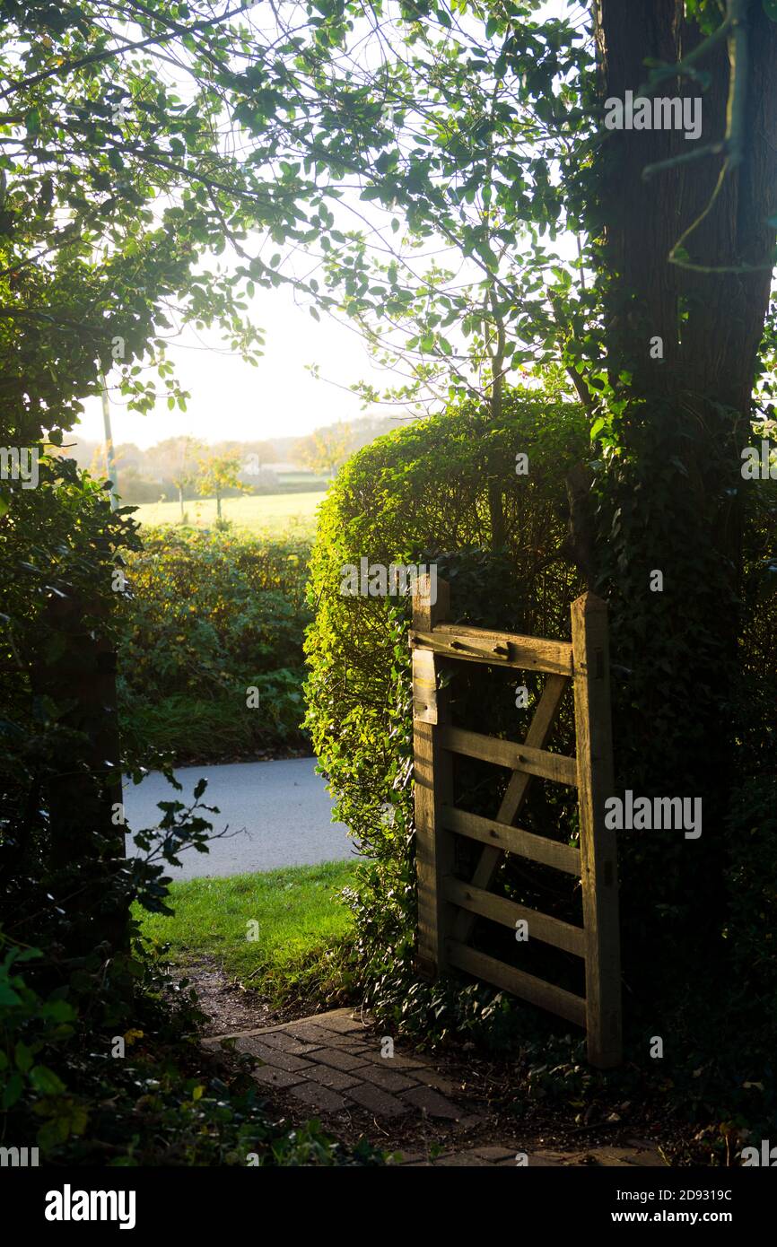 Wooden churchyard gate in late sunlight, St Michael`s Church, Budbrooke ...