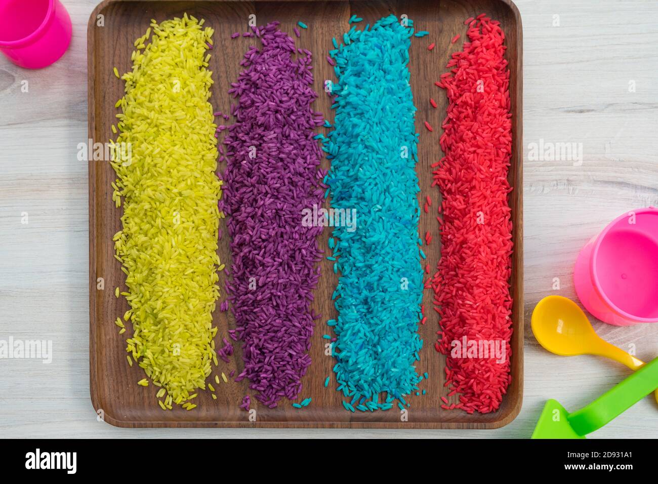 Bright colored rainbow rice for sensory bins. Kids crafts and ...