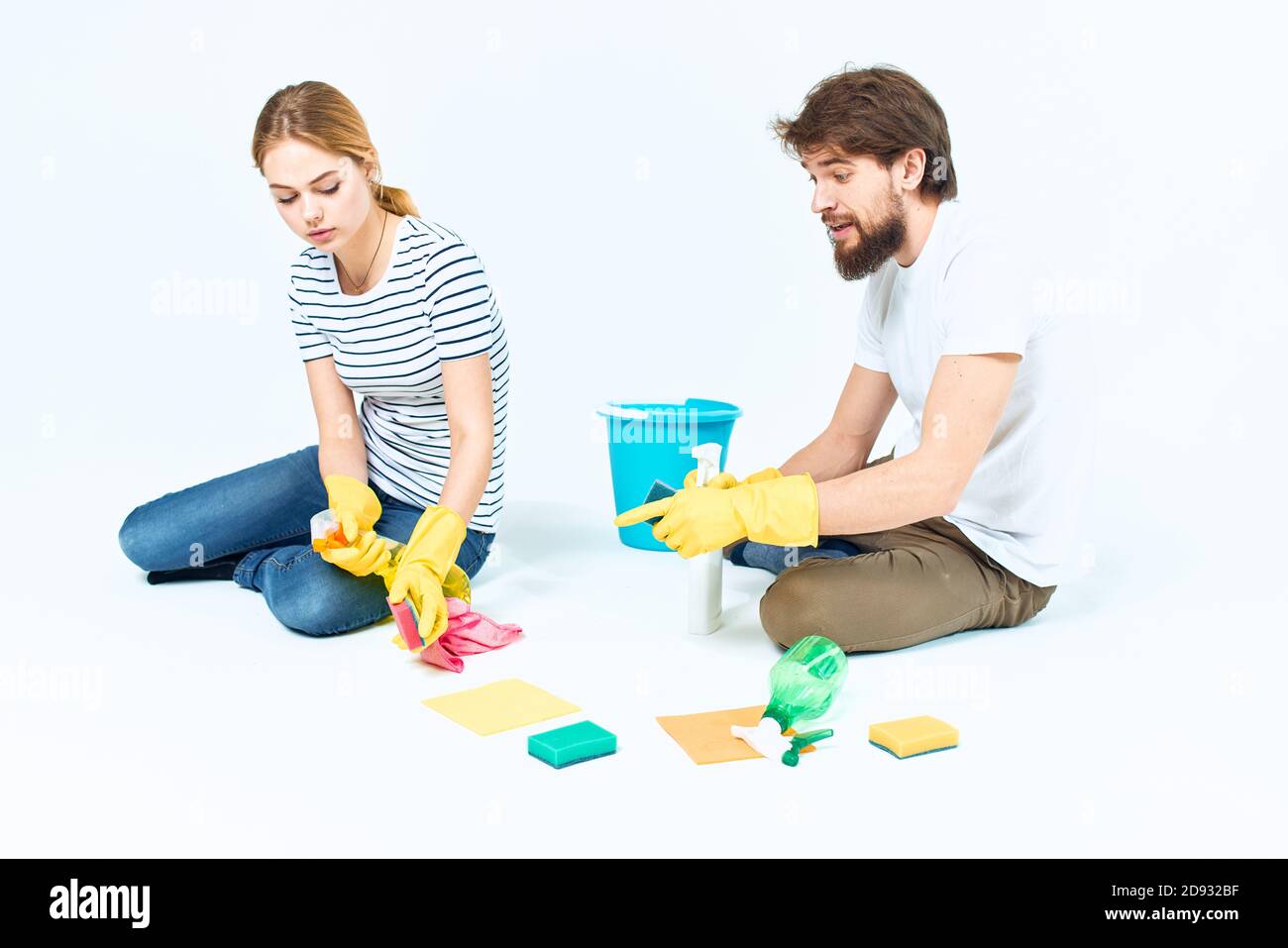young couple washing floors cleaning supplies cleaning together ...