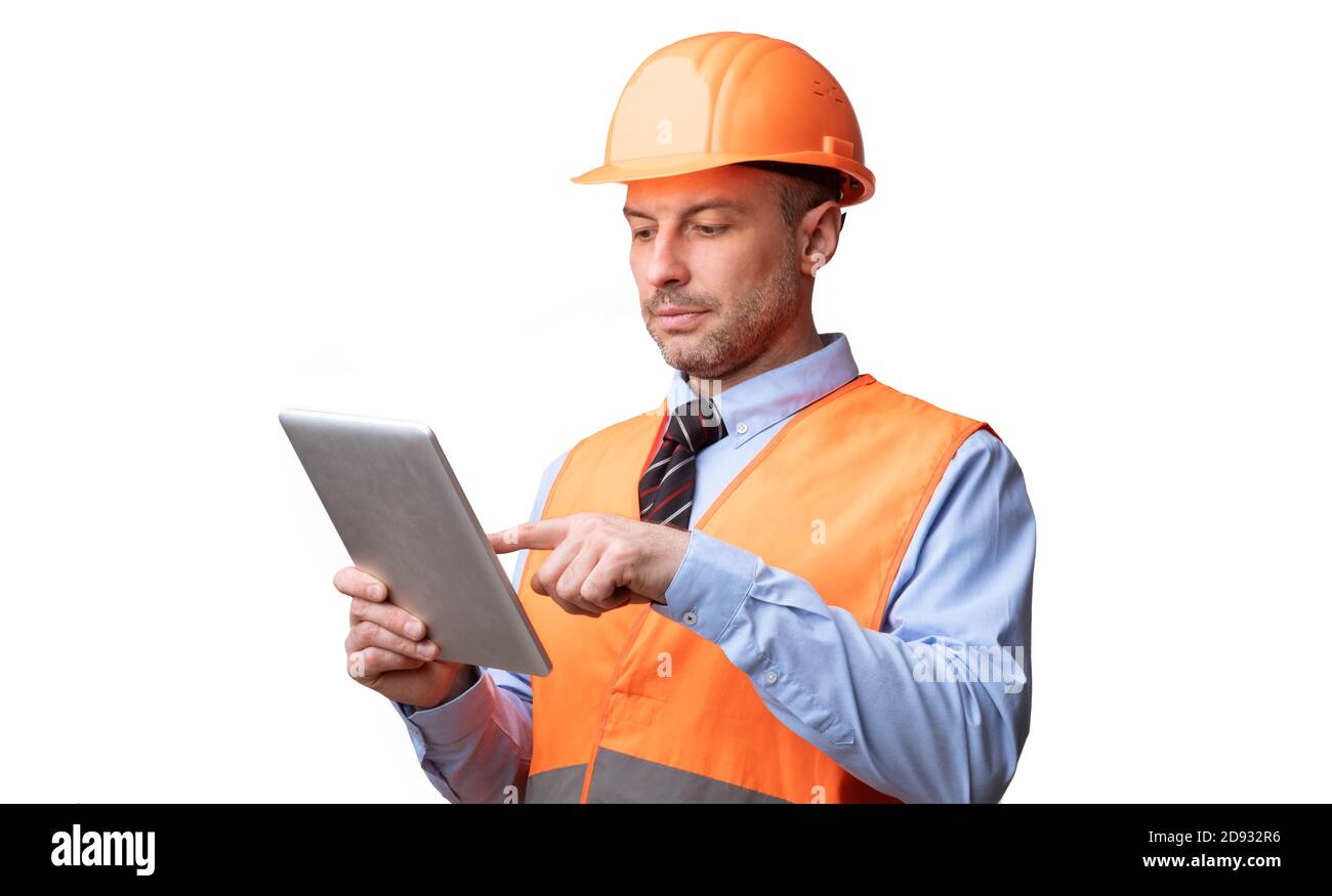 Building Engineer Using Digital Tablet Working Over White Studio ...