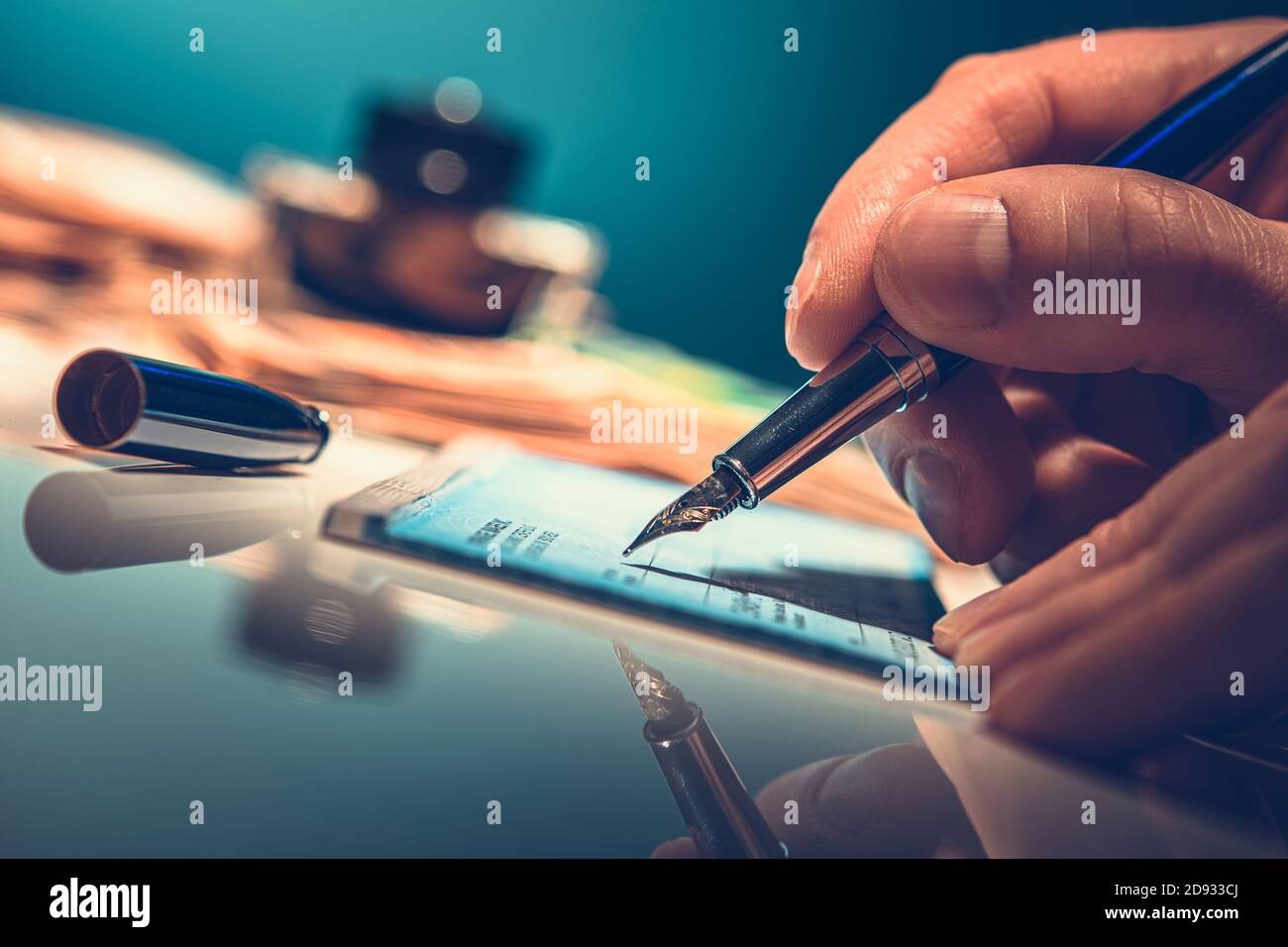 Caucasian Men Writing Pay Check Using Fountain Pen. Payment Preparing ...