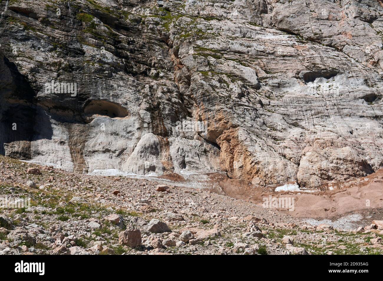 talus at the foot of a sheer weathered cliff in a mountainous area ...