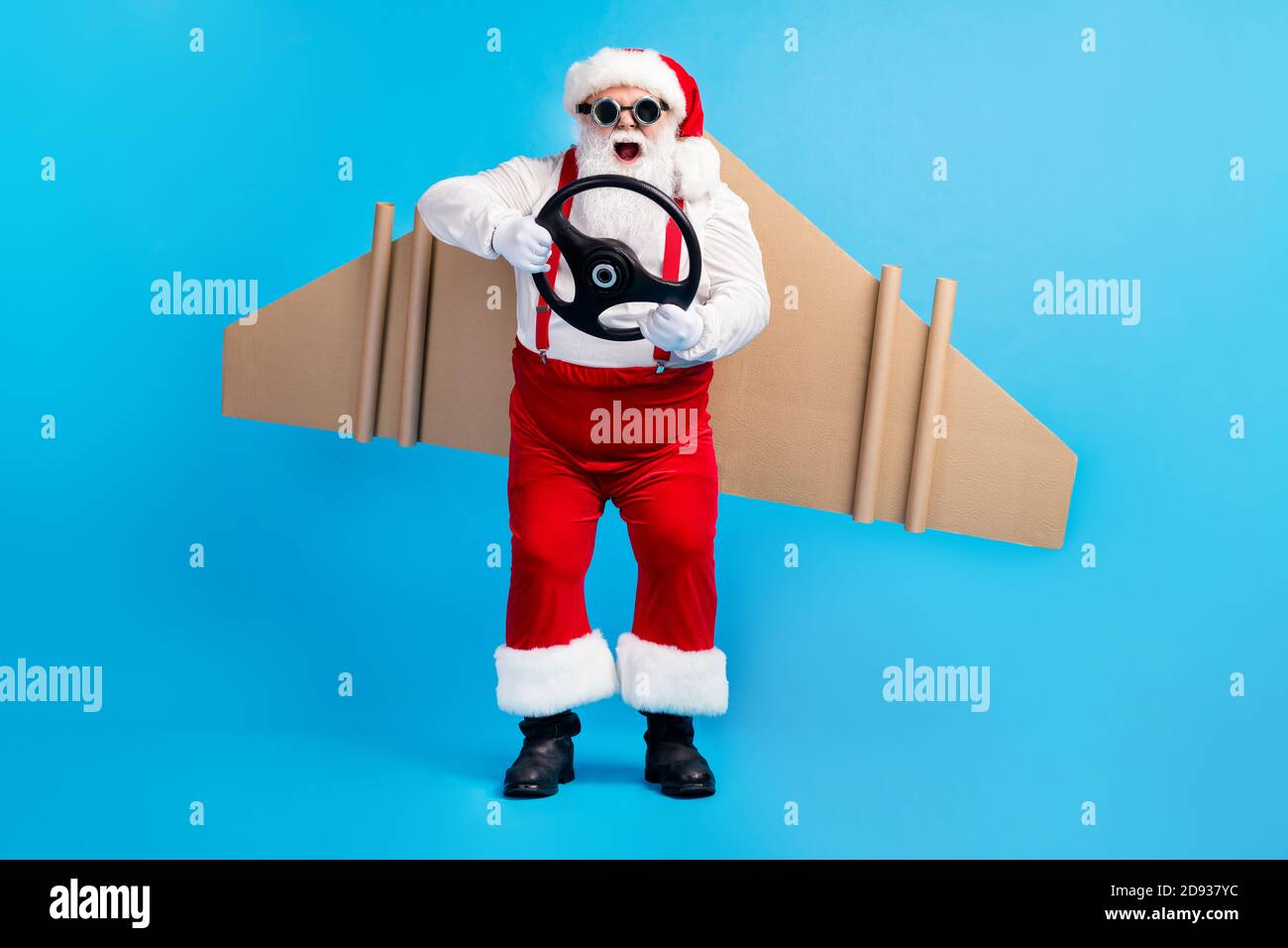 Full length photo of white grey hair bearded aviator santa claus ...