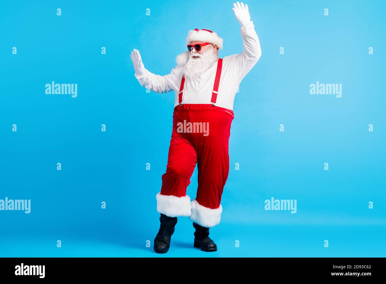 Full body photo of stylish funky fat santa claus with big belly beard ...