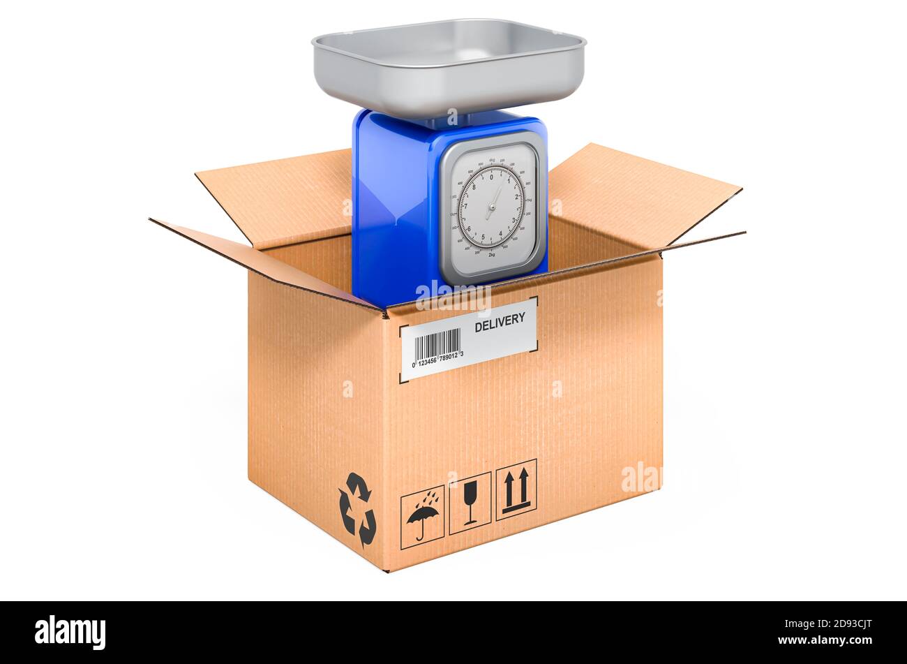 Kitchen scales inside cardboard box, delivery concept. 3D rendering ...