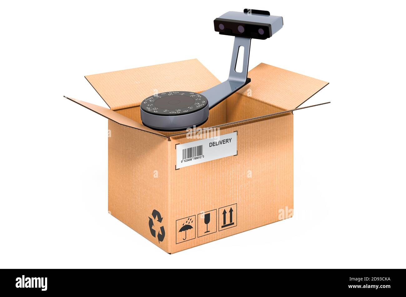 3D scanner inside cardboard box, delivery concept. 3D rendering ...