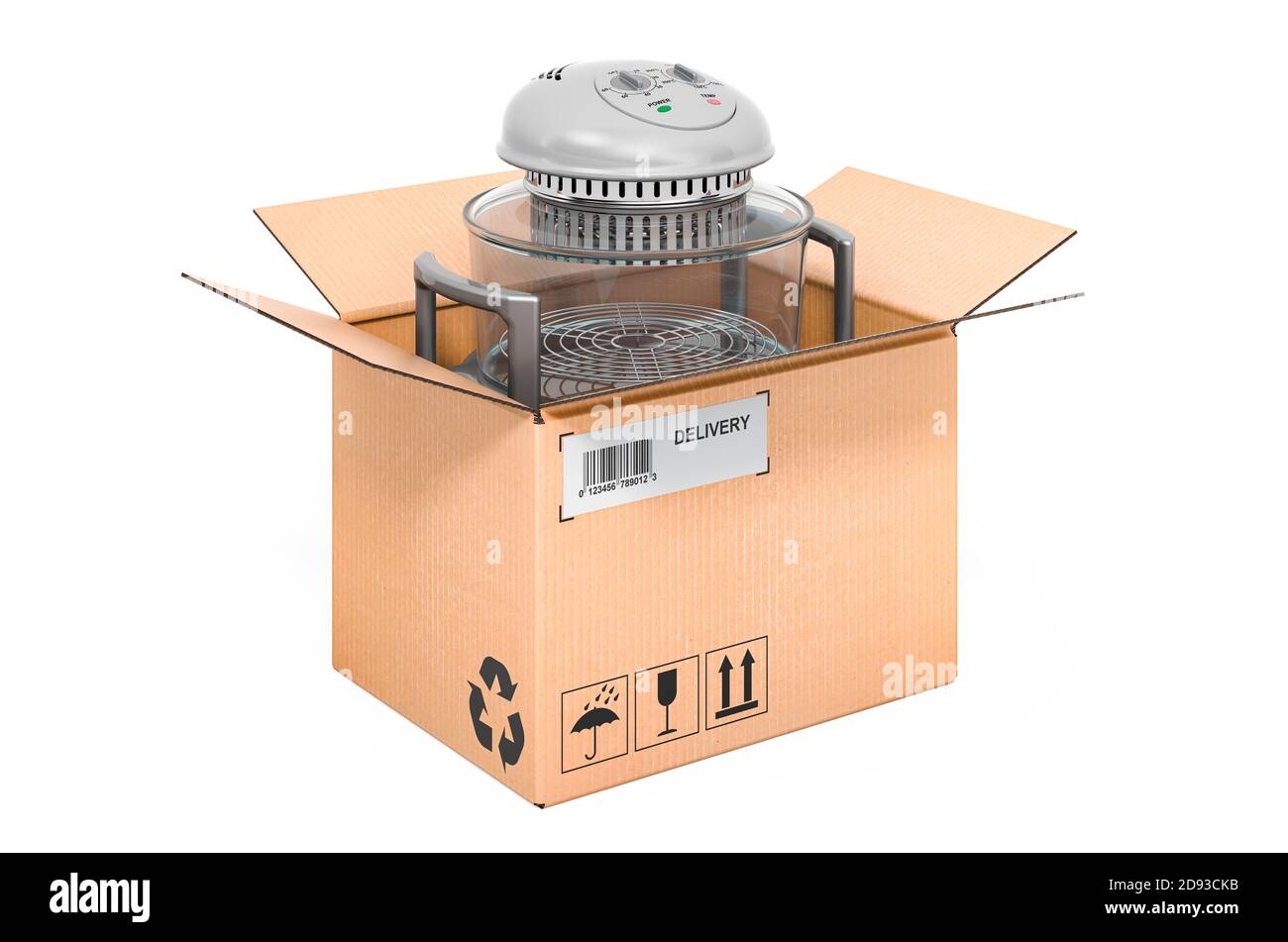 Fan-assisted oven inside cardboard box, delivery concept. 3D rendering ...