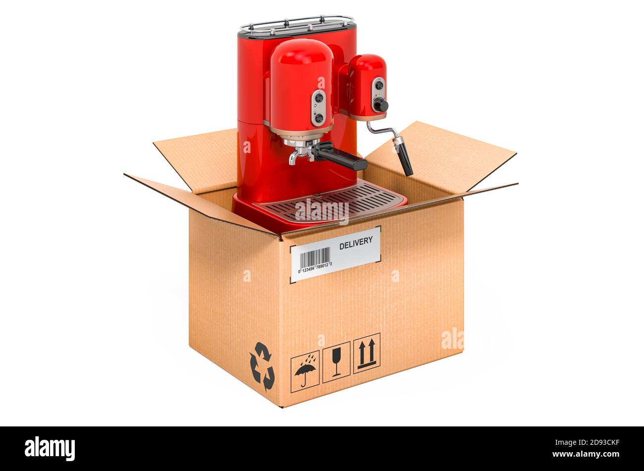 Coffee machine retro design inside cardboard box, delivery concept. 3D ...
