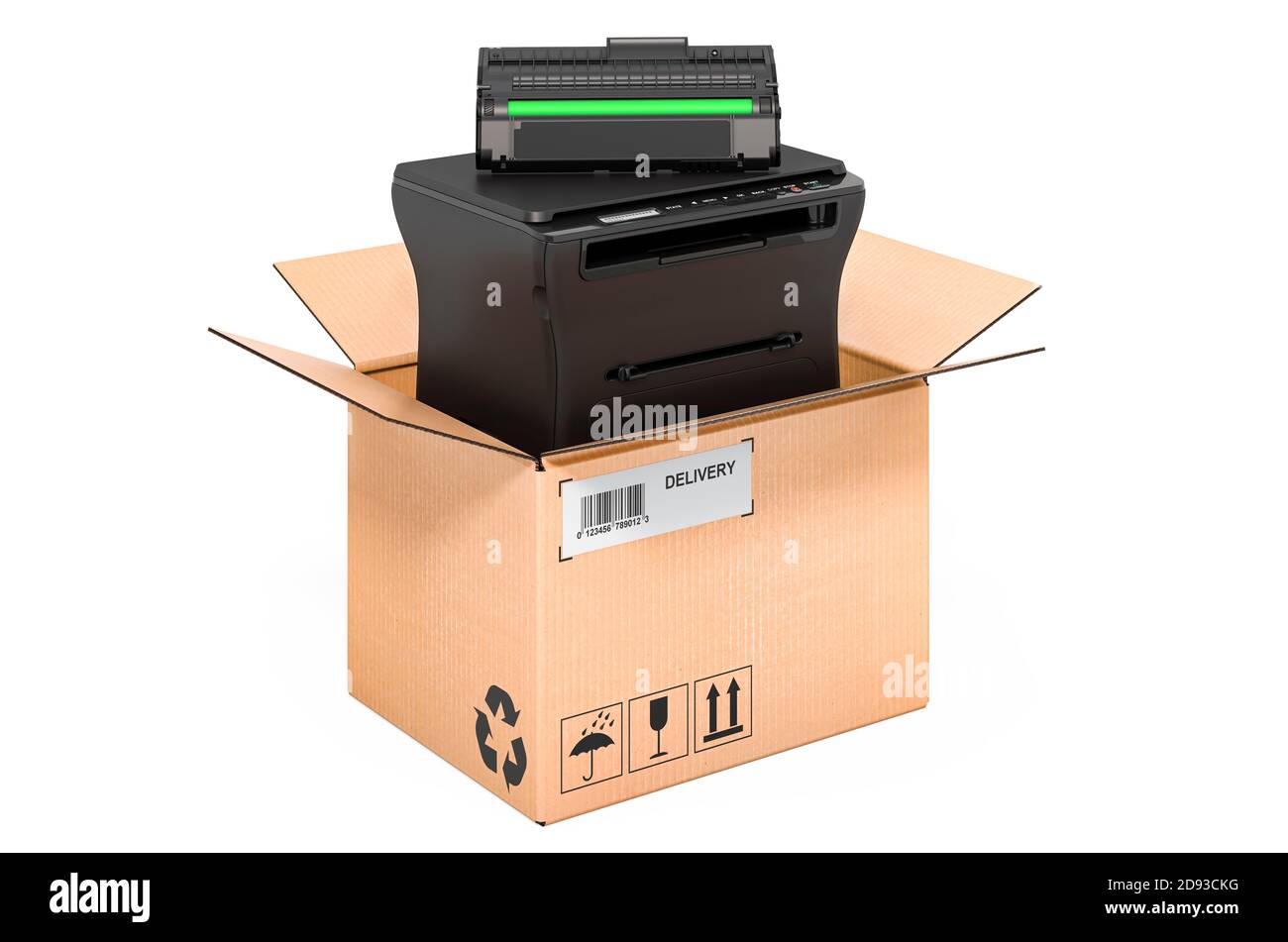 Printer MFP inside cardboard box, delivery concept. 3D rendering ...