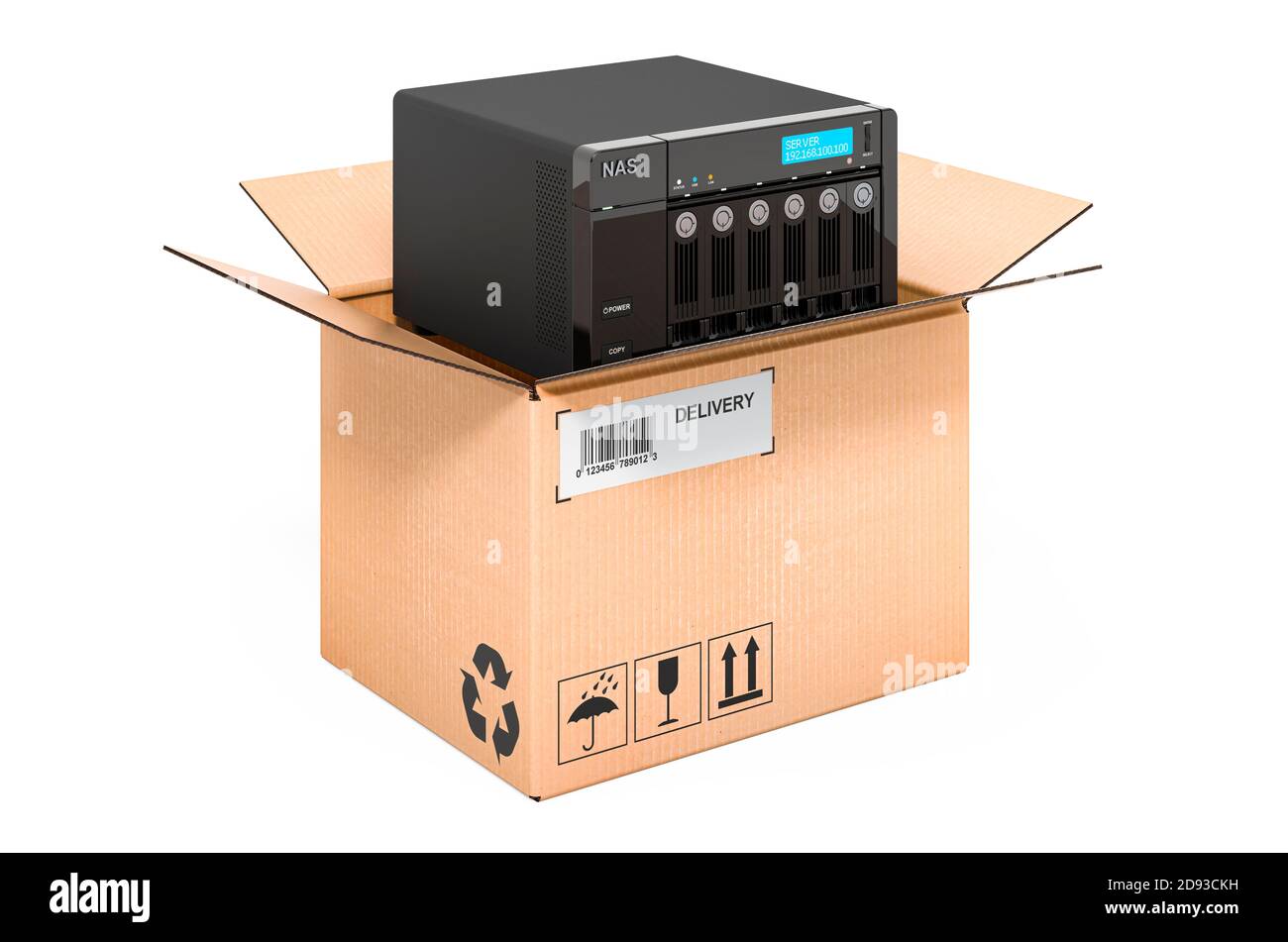 NAS network-attached storage inside cardboard box, delivery concept. 3D ...