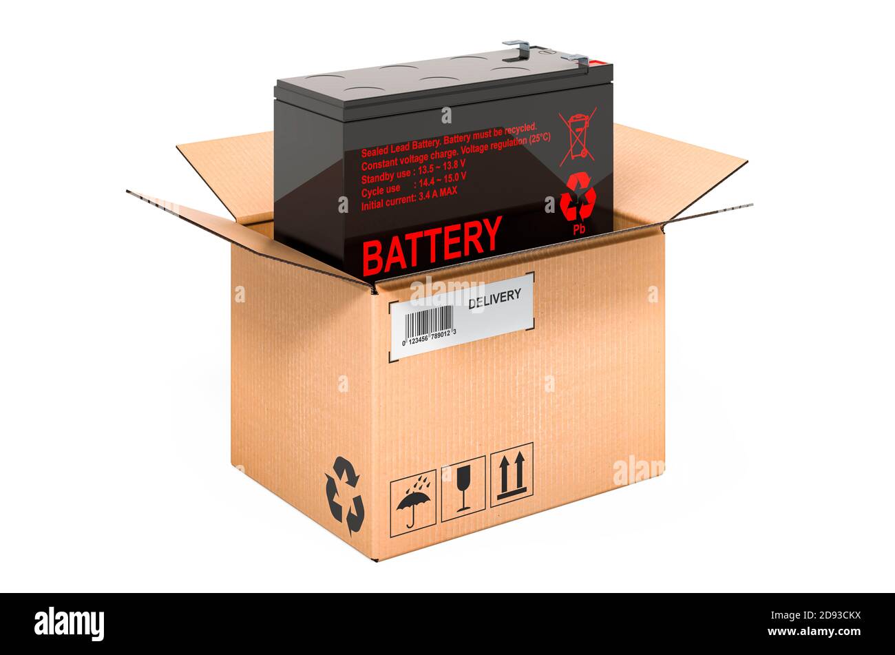 Sealed UPS battery inside cardboard box, delivery concept. 3D rendering ...