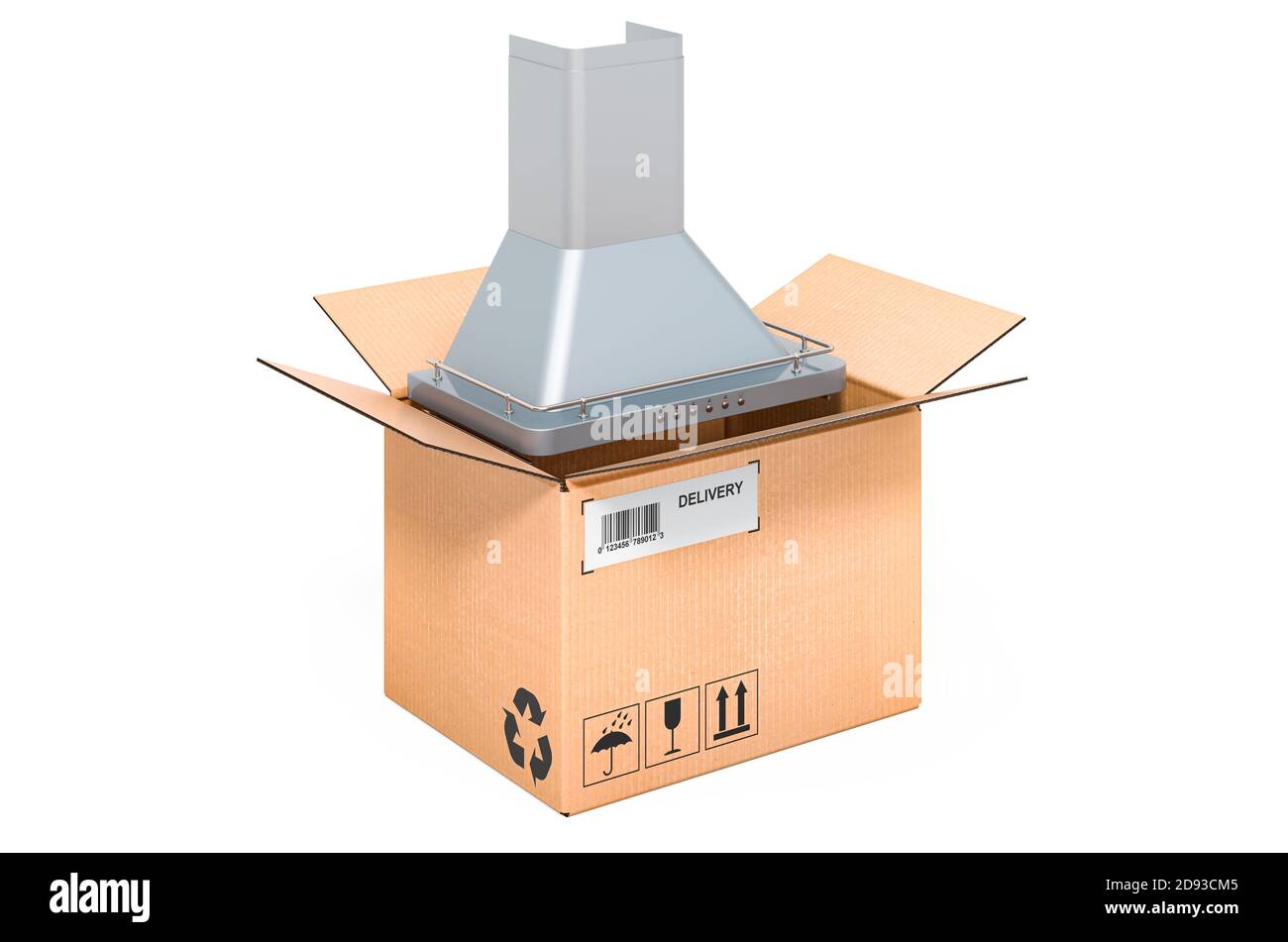 Kitchen exhaust hood inside cardboard box, delivery concept. 3D ...