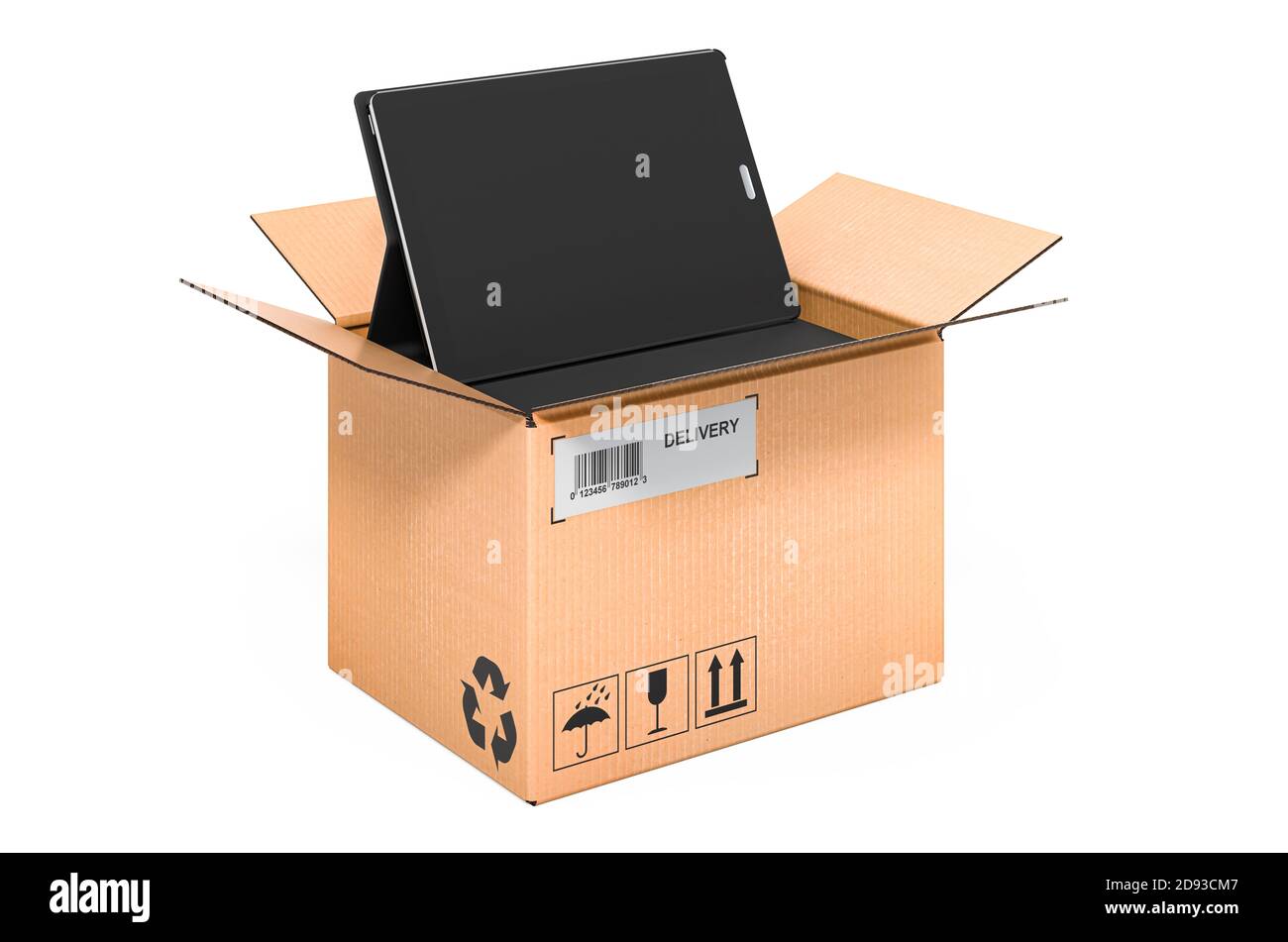 Tablet computer inside cardboard box, delivery concept. 3D rendering ...