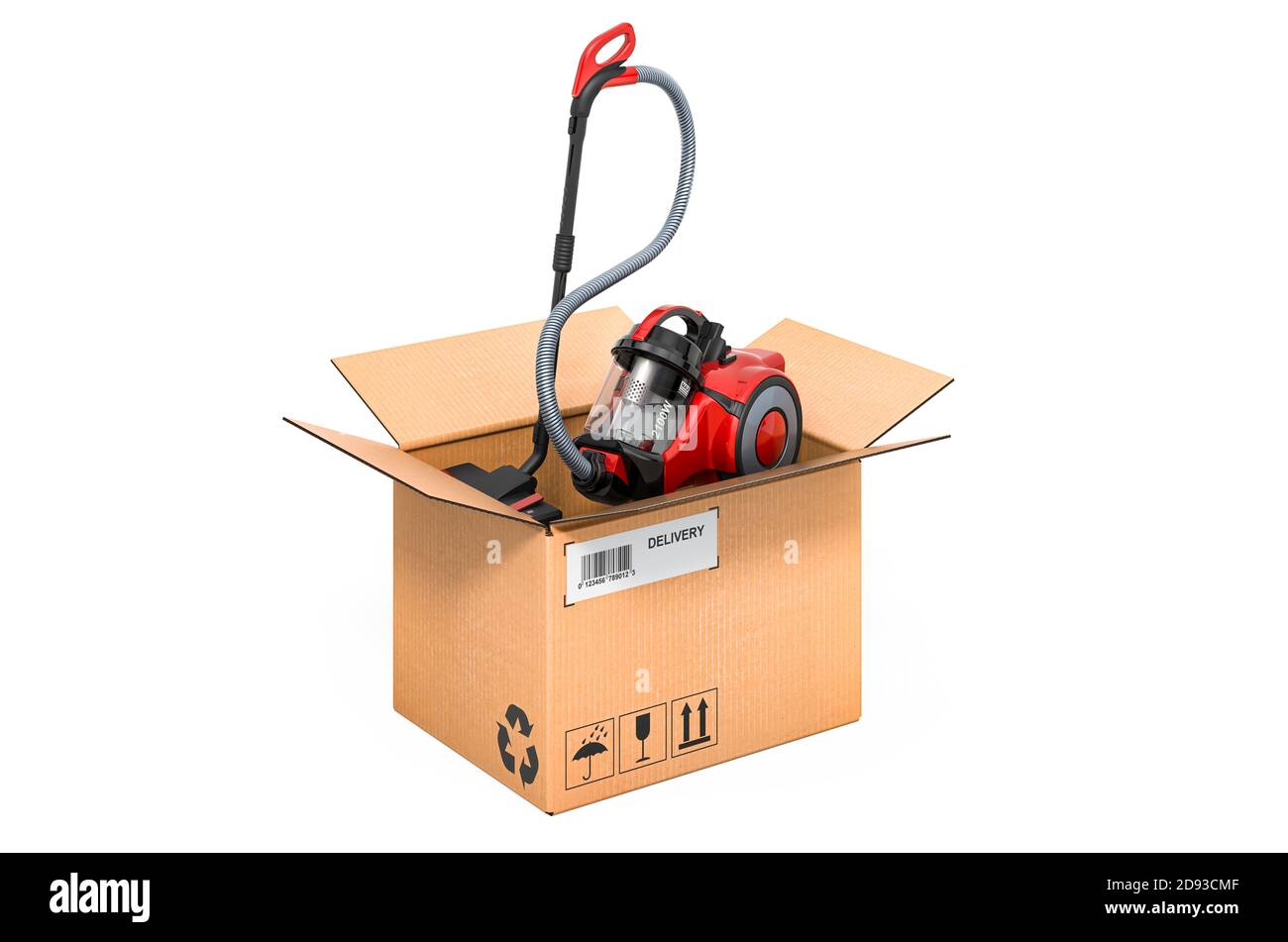 Vacuum cleaner inside cardboard box, delivery concept. 3D rendering ...