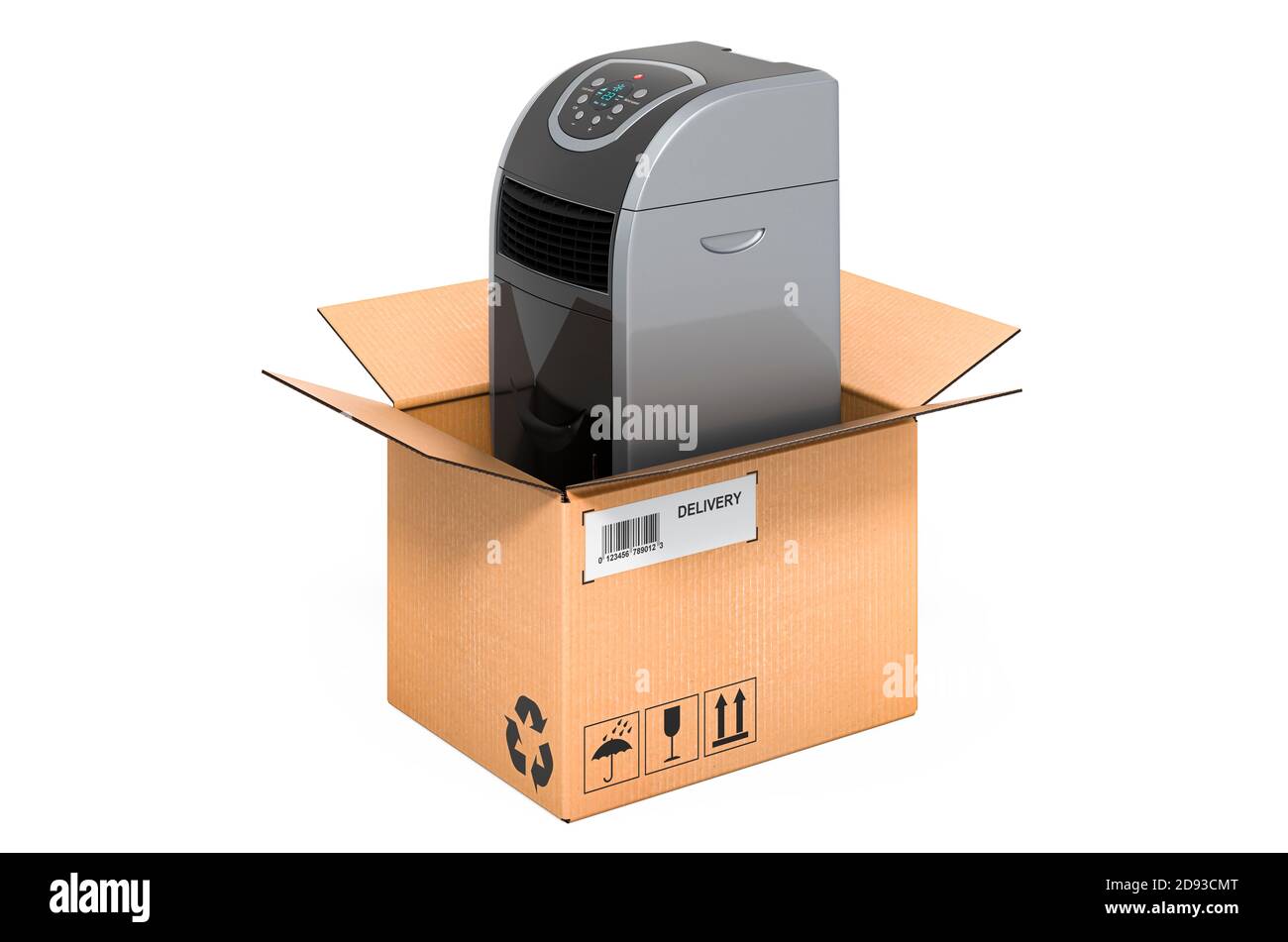 Portable air conditioner inside cardboard box, delivery concept. 3D ...