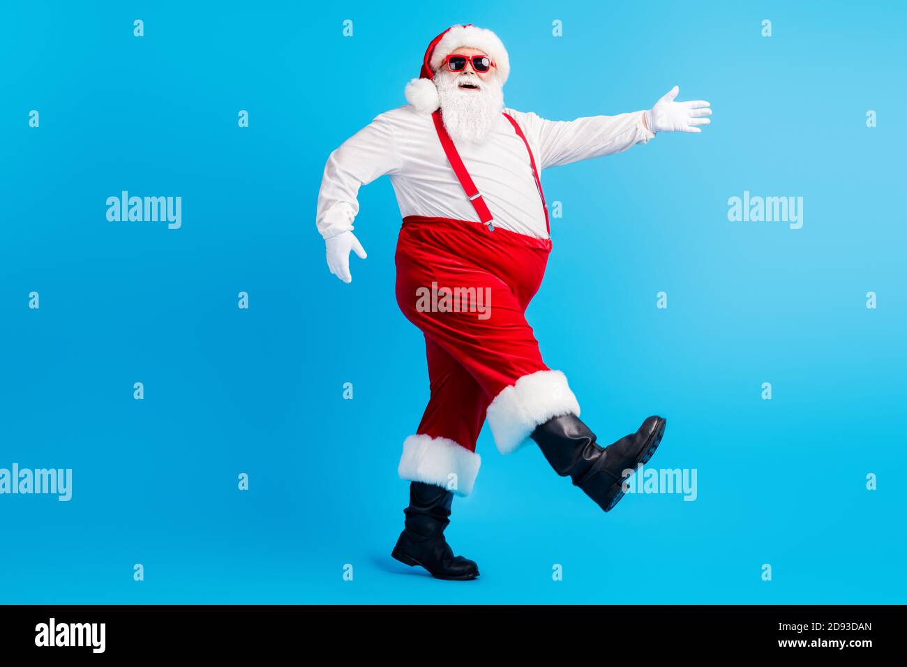 Full size profile side photo of funky santa claus go copyspace x-mas ...