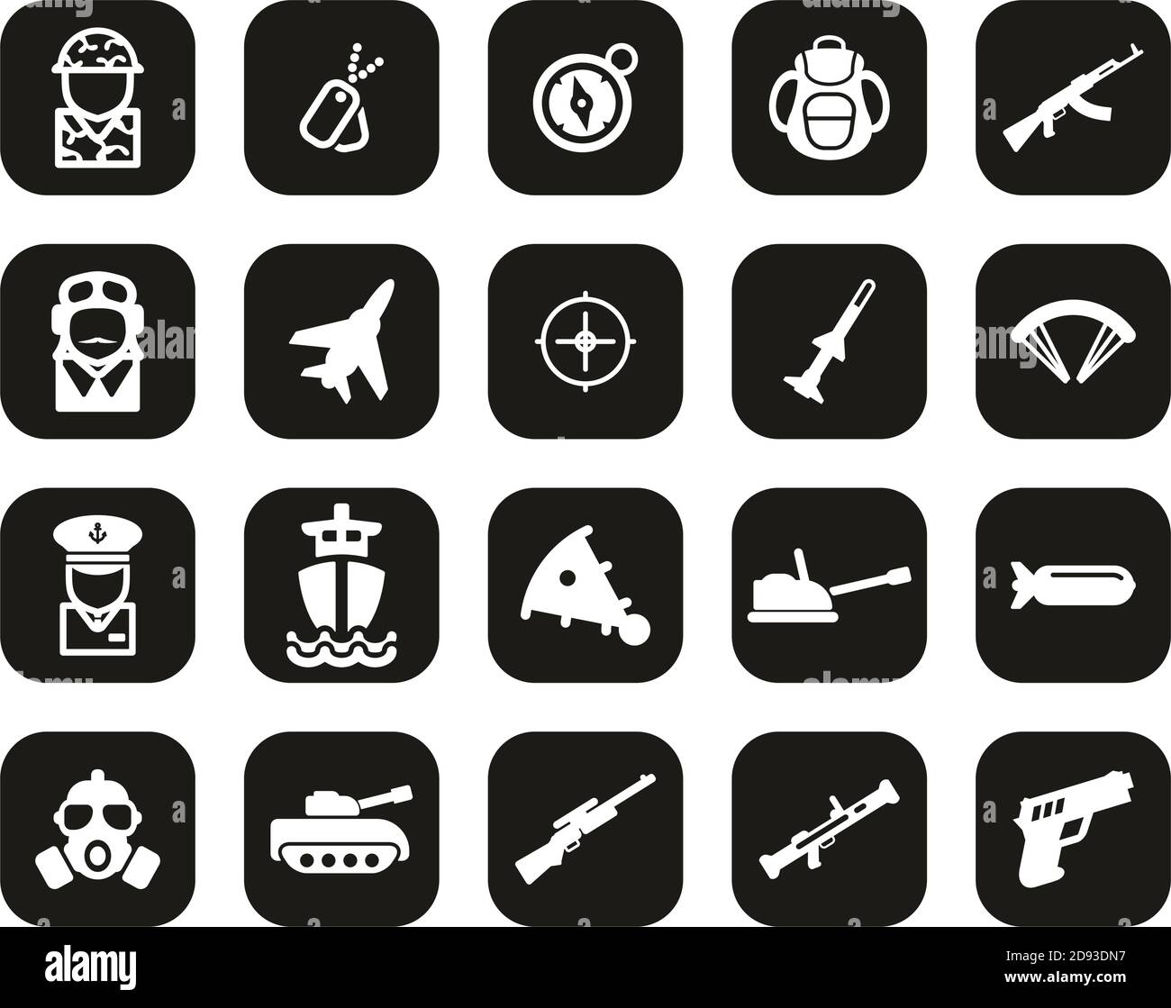 Military Or Army Icons White On Black Flat Design Set Big Stock Vector ...