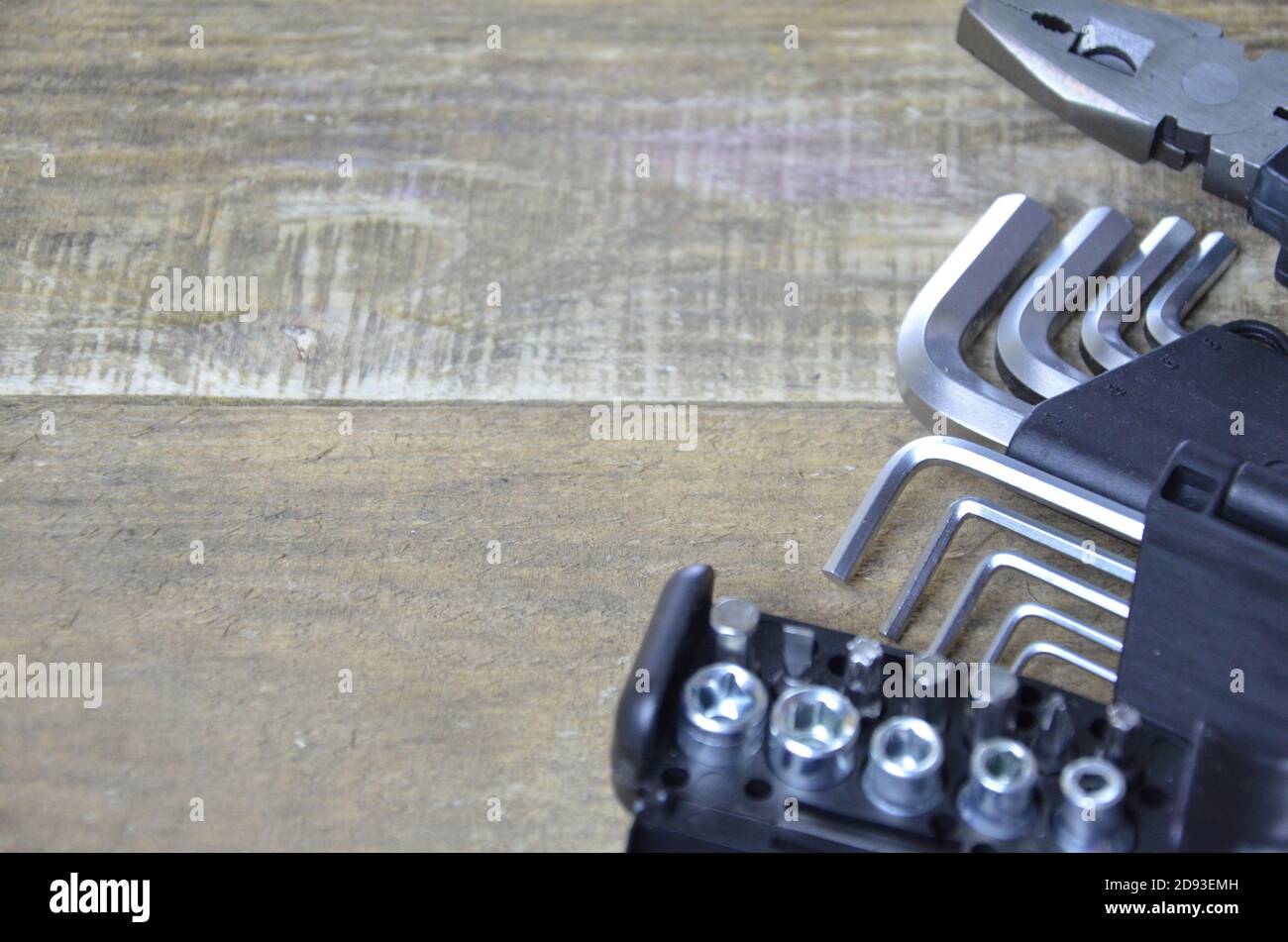 Top view of Working tools,wrench,socket wrench,hammer,screwdriver,plier ...