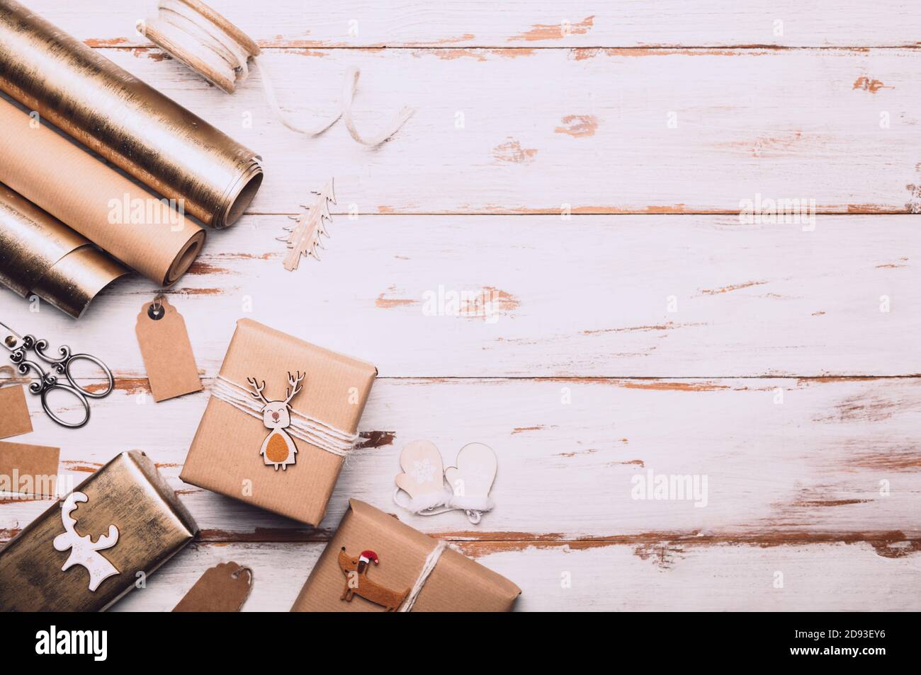 Gift wrapping process, preparation for Xmas Stock Photo - Alamy