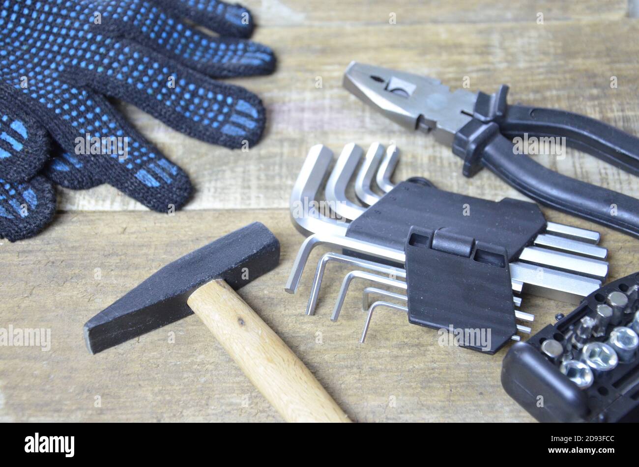 Top view of Working tools,wrench,socket wrench,hammer,screwdriver,plier ...