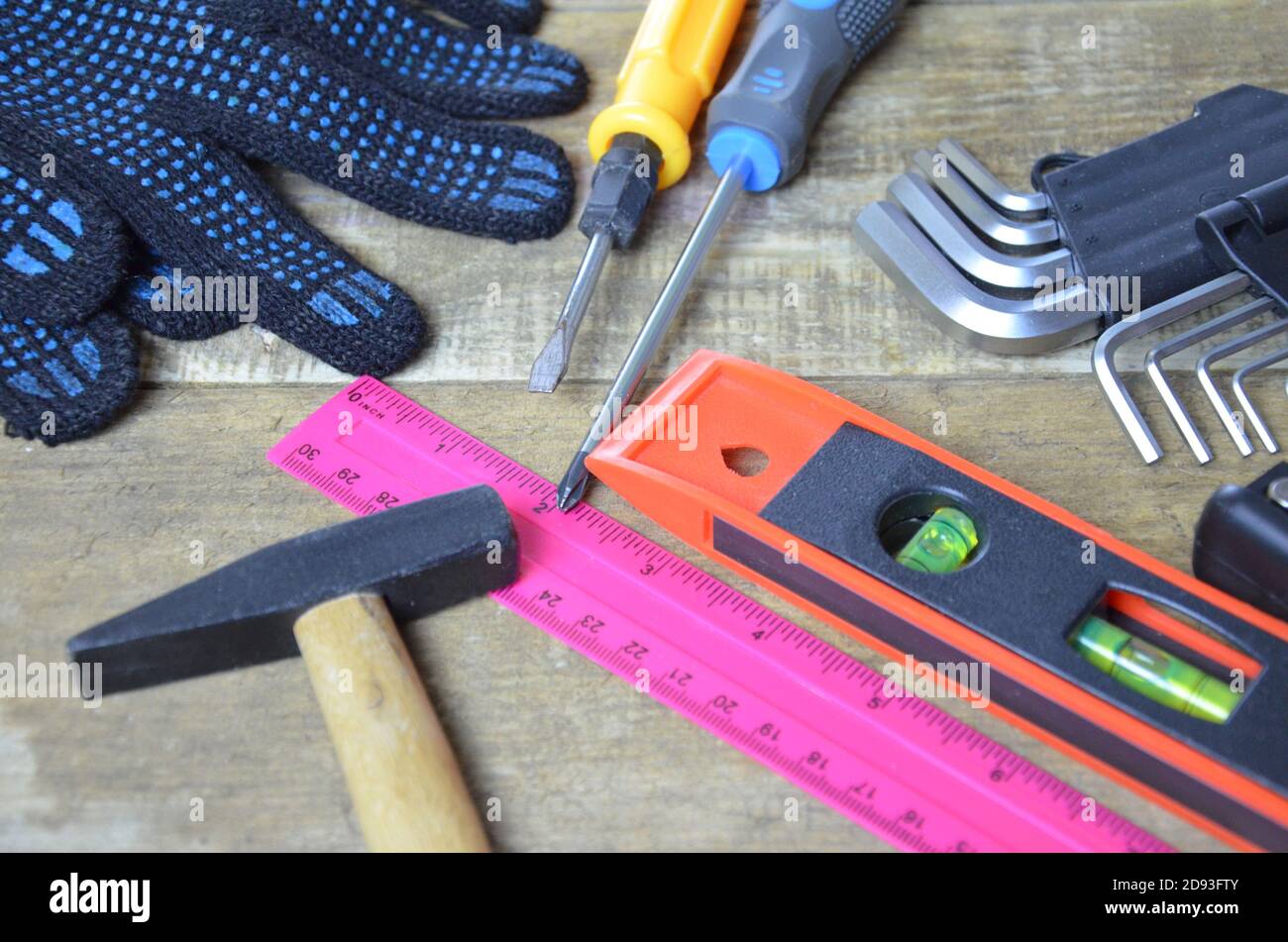 Top view of Working tools,wrench,socket wrench,hammer,screwdriver,plier ...