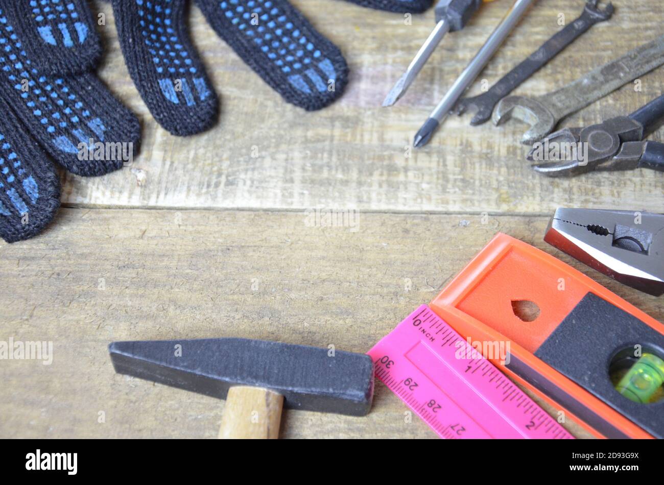 Top view of Working tools,wrench,socket wrench,hammer,screwdriver,plier ...