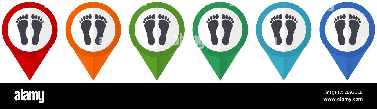 Foot vector pointers, set of colorful flat design icons isolated on ...