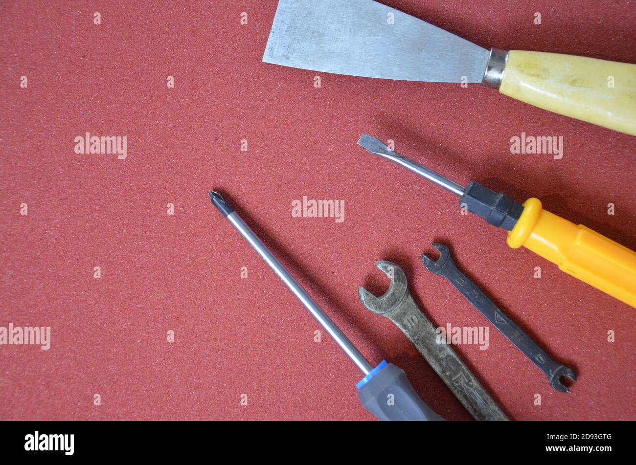 Top view of Working tools,wrench,socket wrench,hammer,screwdriver,plier ...