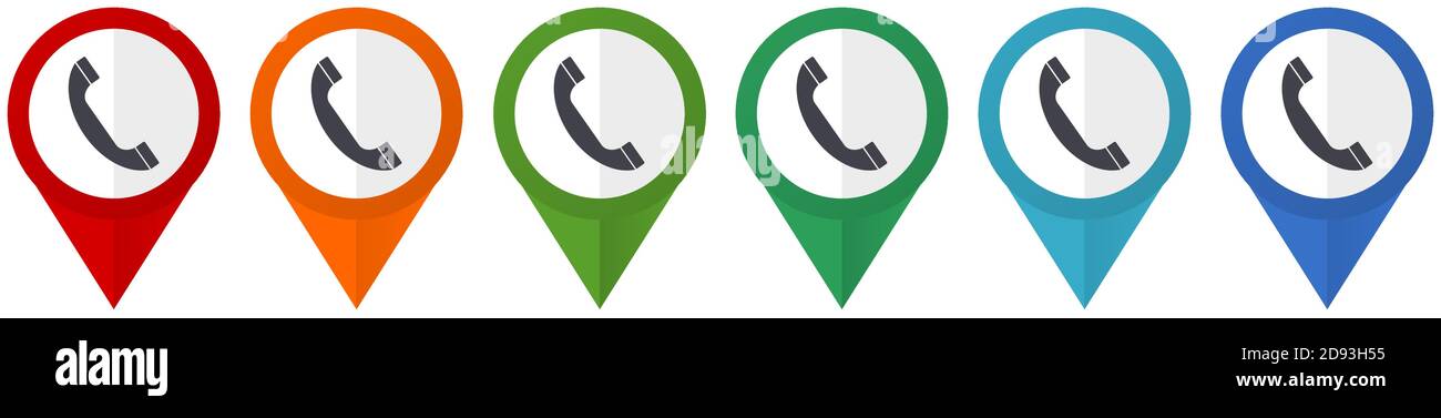 Phone, call, contact vector pointers, set of colorful flat design icons ...