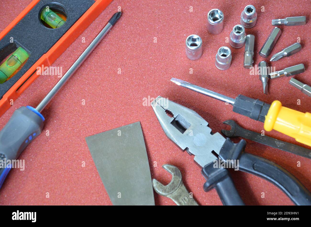 Top view of Working tools,wrench,socket wrench,hammer,screwdriver,plier ...